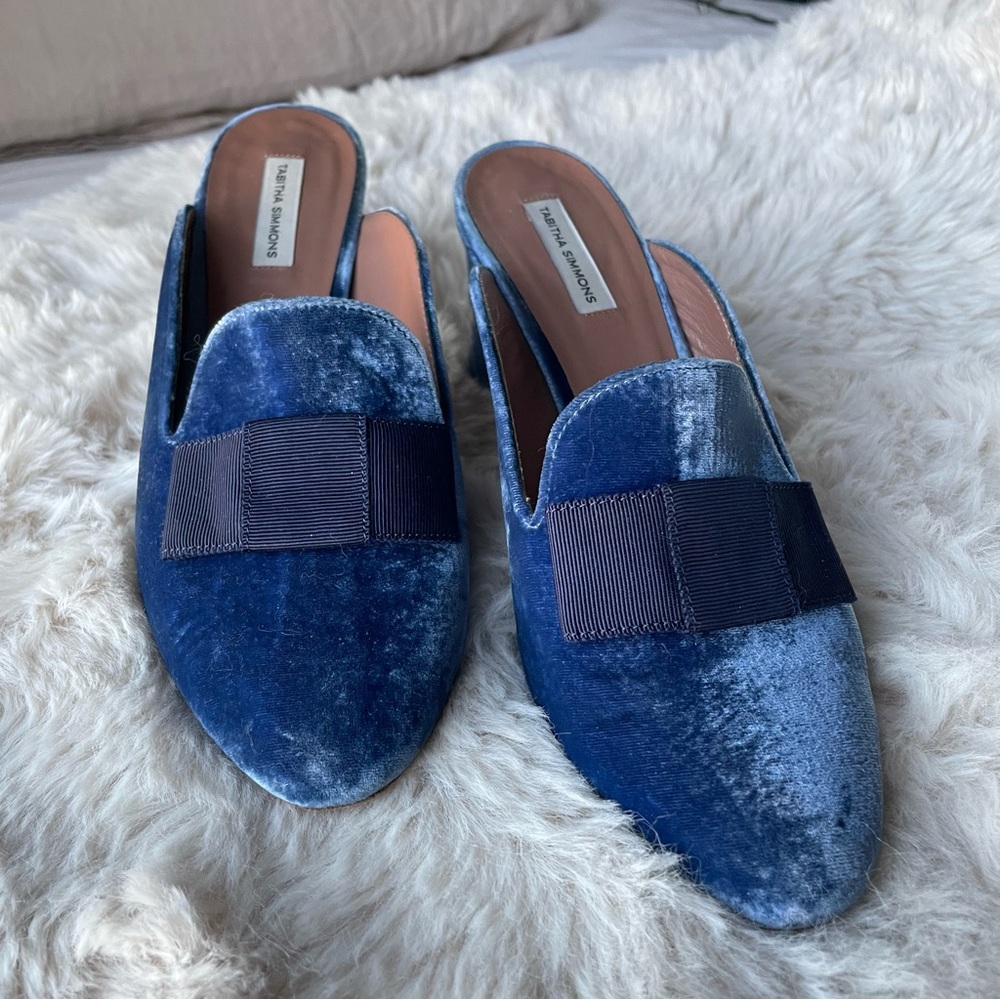 Tabitha Simmons Blue Velvet Mules Heels - Gem
